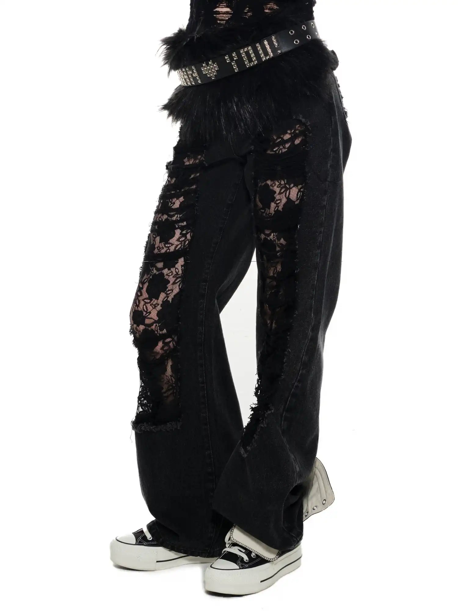 Lace-Inset Ripped Denim Pants - Pants | Canton Collective